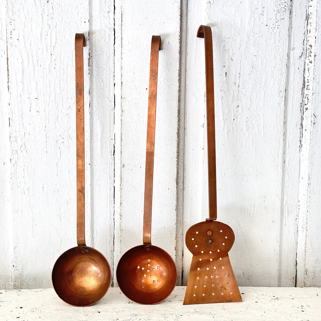Vintage Copper Large Kitchen Utensils Set of Three Farmhouse Kitchen ...