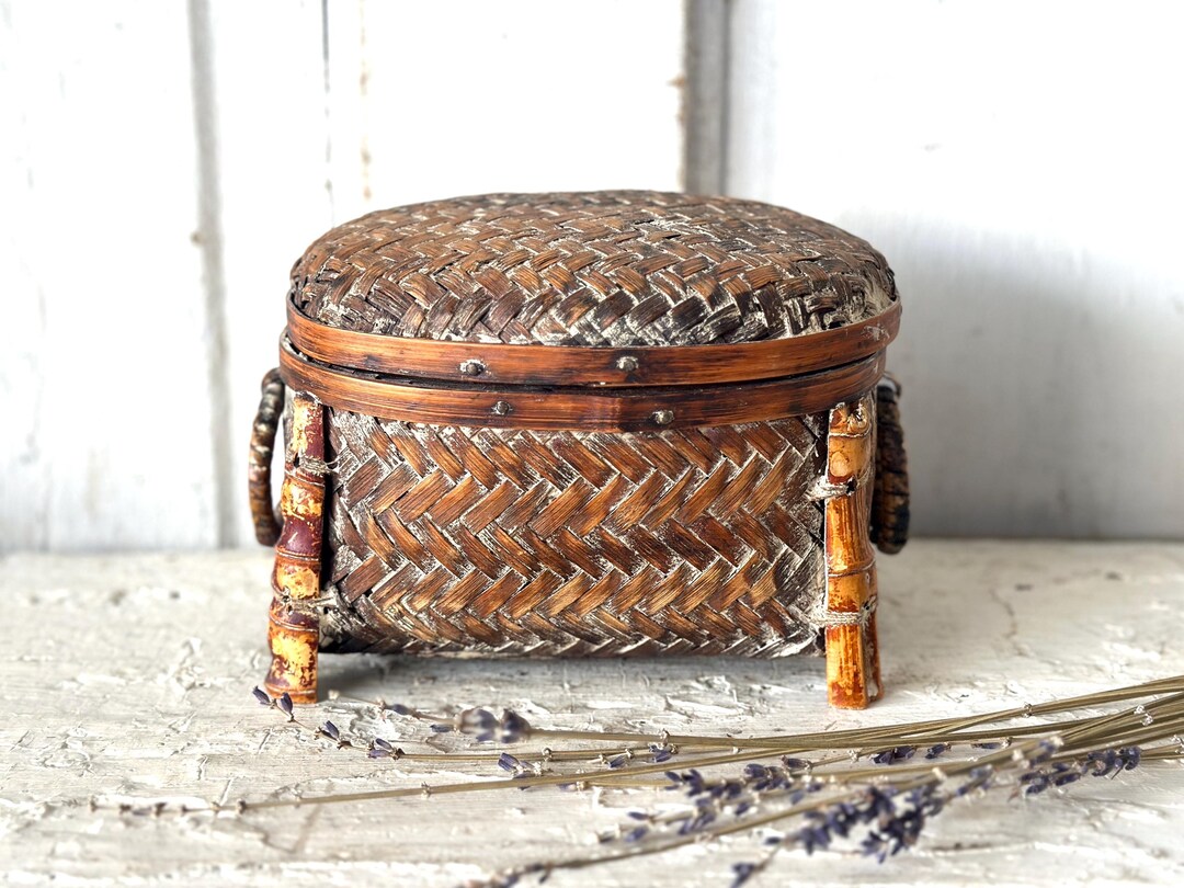 Vintage Bamboo Trinket Box With Hinged Lid Small Storage Basket Boho ...