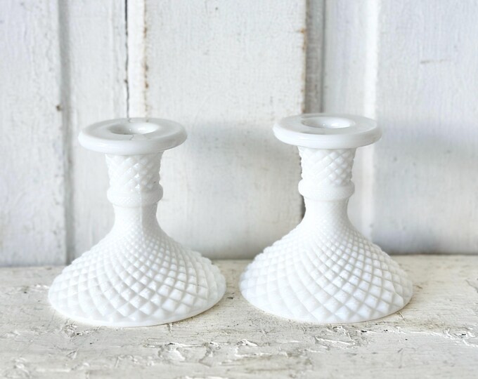 Vintage White Glass Milk Glass Candlesticks Westmoreland Diamond Quilt ...