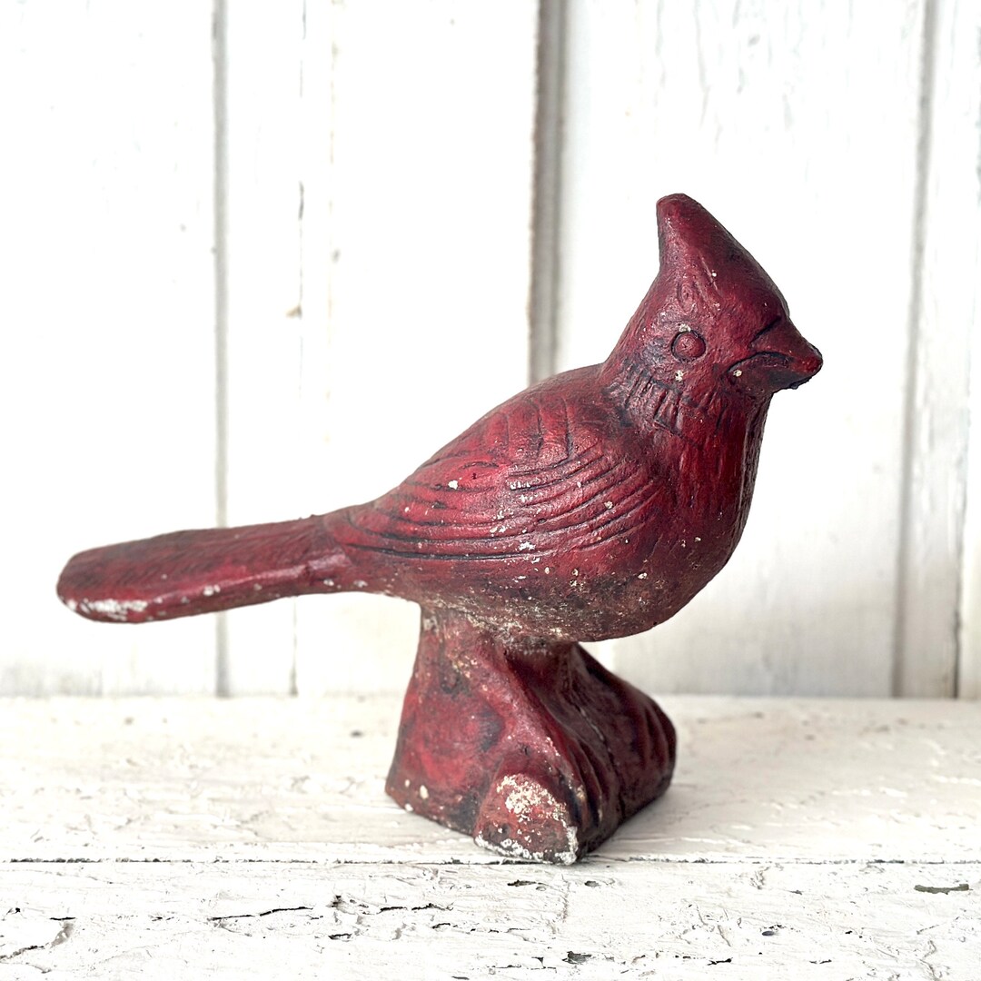Vintage Large Garden Concrete Cardinal Red Bird Garden Decor Aged ...