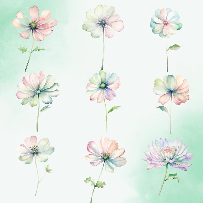 Pastel Watercolor Flowers Clipart, 13 Delicate Floral PNG Elements ...