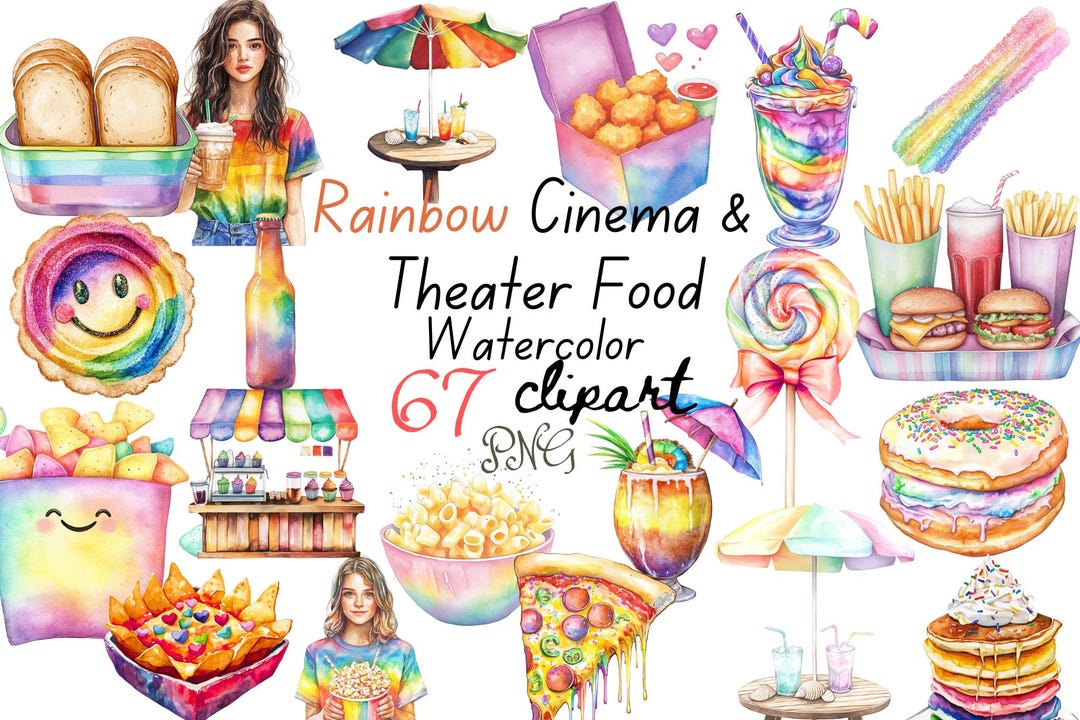 Rainbow Cinema Clipart PNG, Movie Theater, Watercolor Food Graphics ...