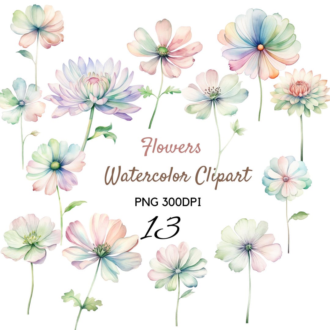 Pastel Watercolor Flowers Clipart, 13 Delicate Floral PNG Elements ...