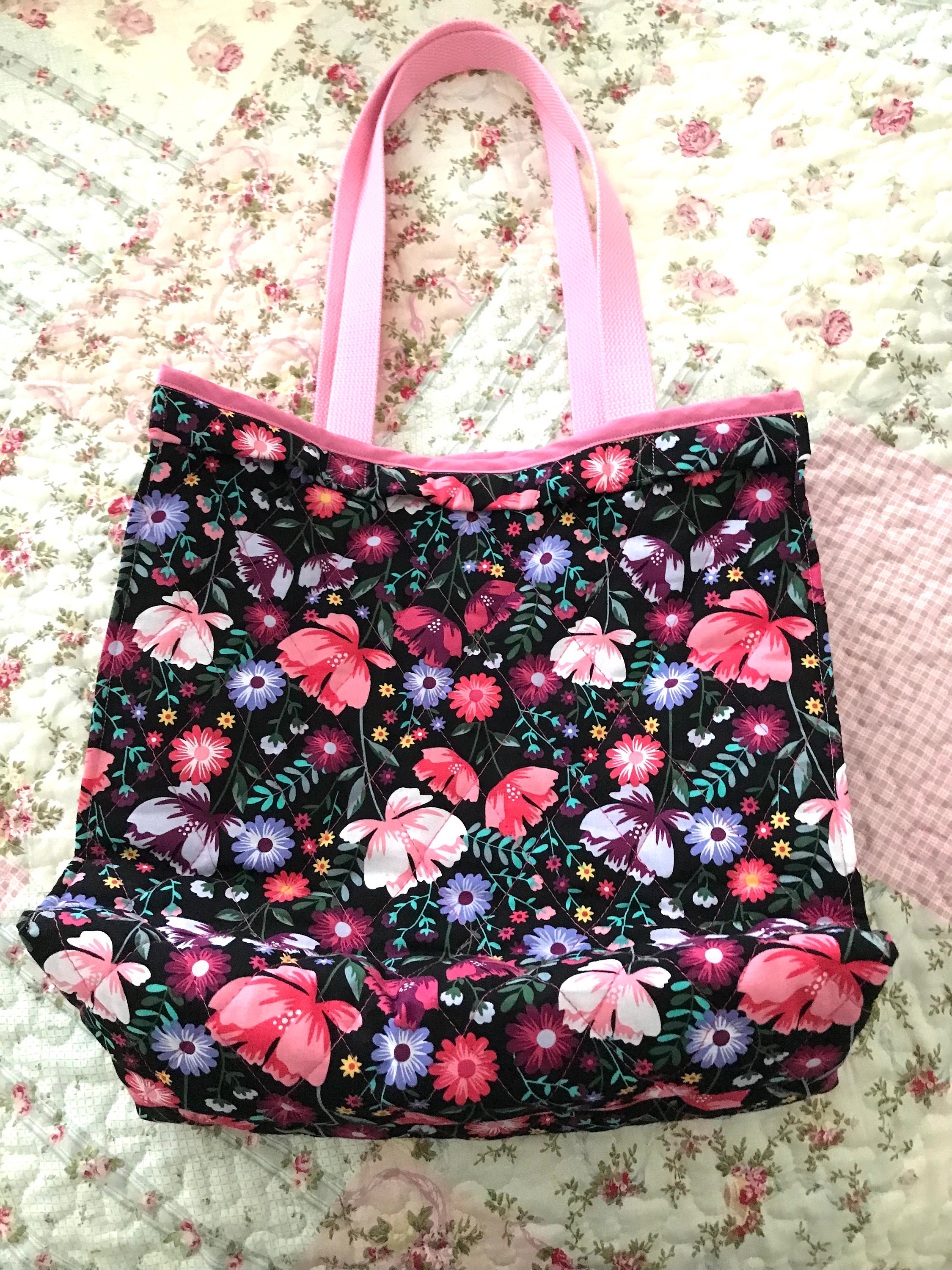 Large Tote Bag, Flowers Pink Black, Handmade Gift, Ready to Ship - Etsy