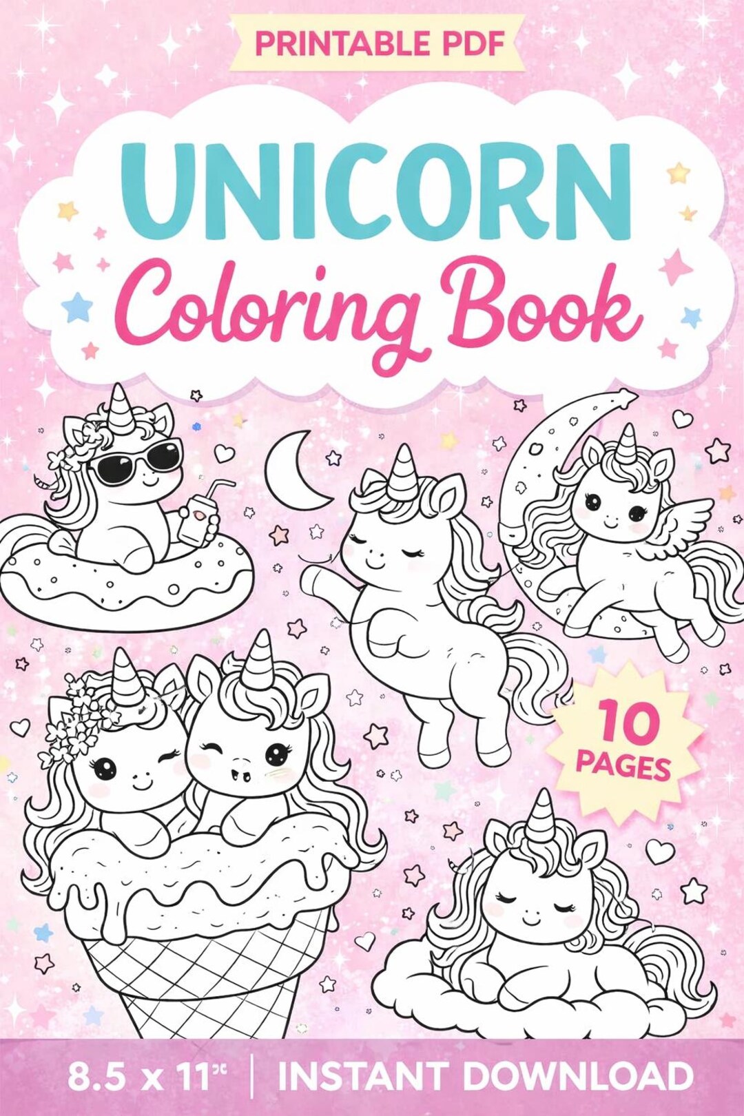Cute Unicorn Coloring Pages Printable PDF, Kids Coloring Book, 10 Pages ...