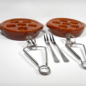6-pc Escargot Snail Set for Two Brown Pottery Dishes-tongs-forks - Etsy