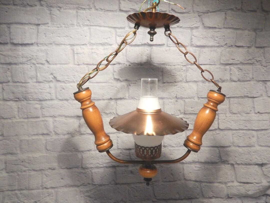 Colonial Style Turned Maple Wood Ceiling Light Frosted Glass Chimney W ...