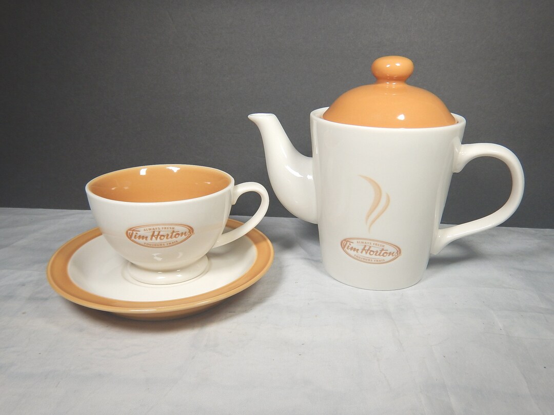 Tim Hortons Coffee Pot Teapot & Cup Saucer Set Always Fresh Toujours ...