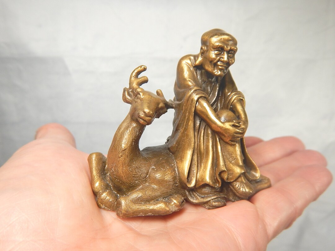 245g Solid Brass Buddha Clasping Knee Sitting on Stag Arhat Arahant ...