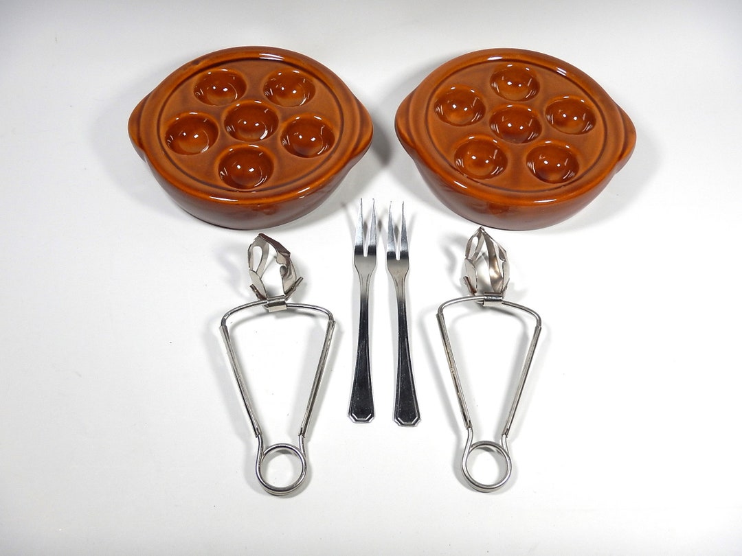 6-pc Escargot Snail Set for Two Brown Pottery Dishes-tongs-forks - Etsy