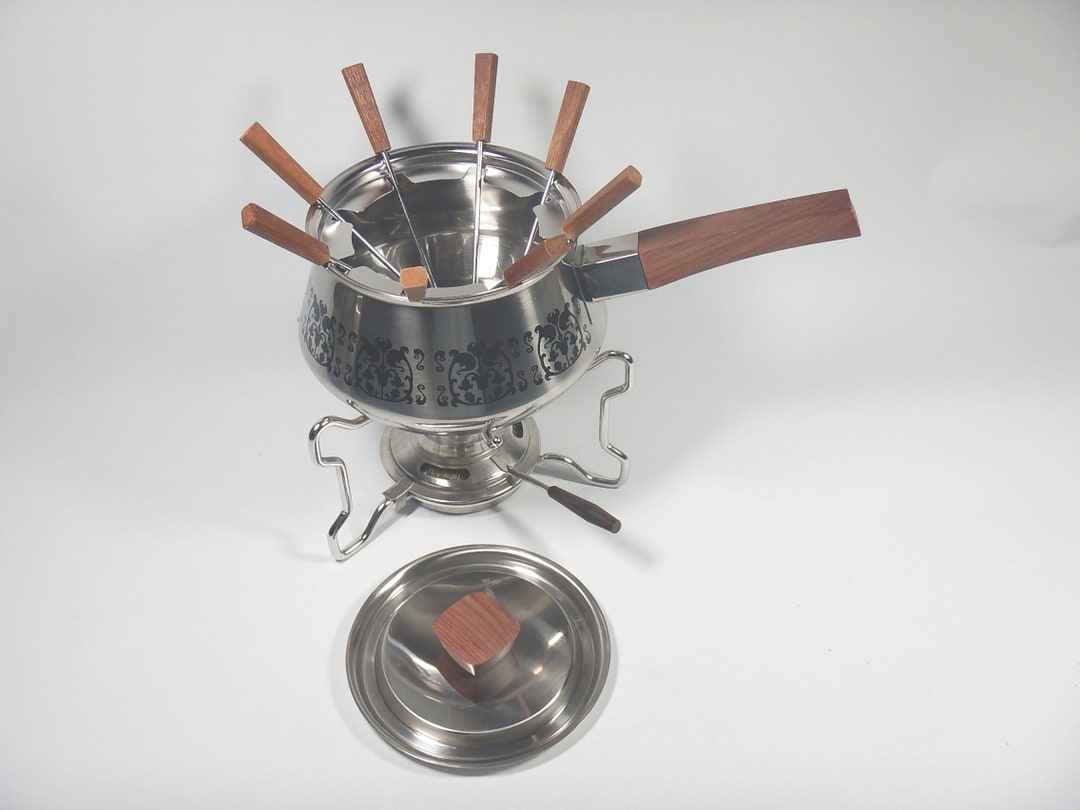 KIH Stainless Steel-teak Wood Fondue Set MCM W/ Lid, Utensil Collar ...