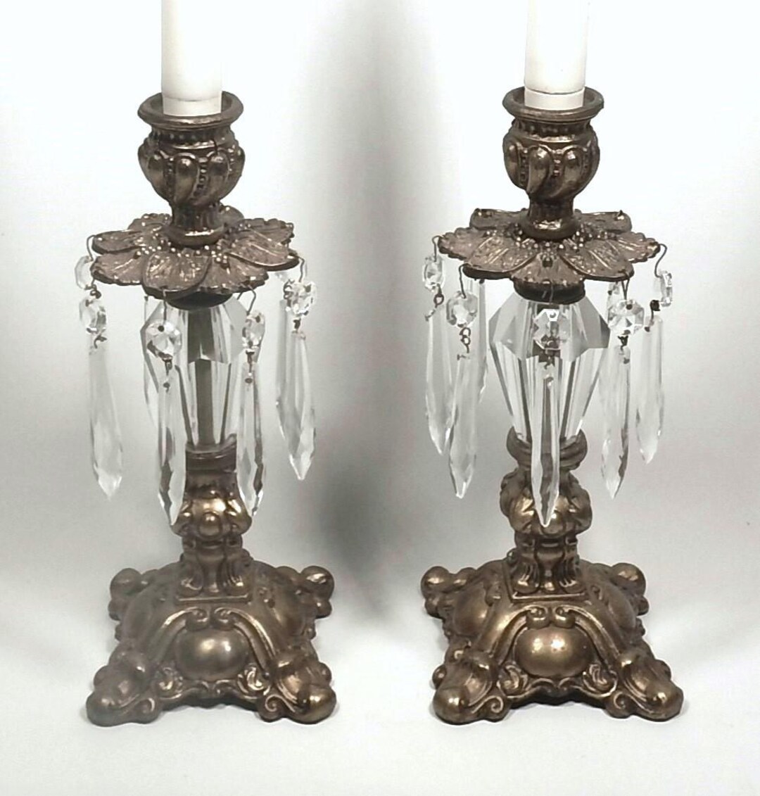 2 Vintage Cast Metal Candle Holders Icicle Prisms Faceted Glass Column ...