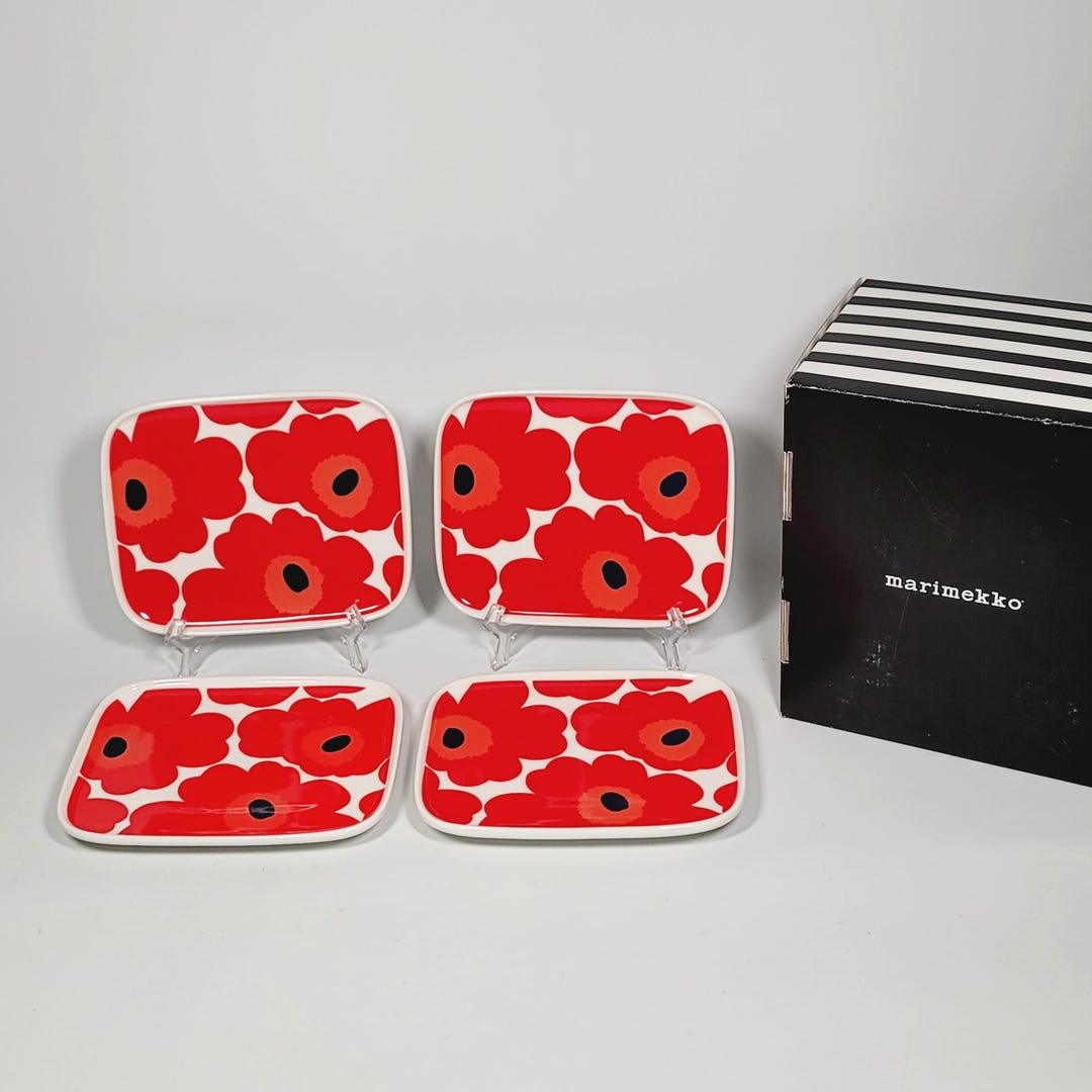 4 Marimekko Oiva Unikko Red Poppy Small Rectangular Snack Plates Maija ...