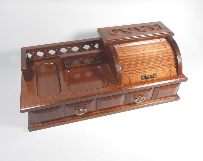 MCM Wood Dresser Valet W/ Roll Top, Drawer, Lattice Detail - Etsy