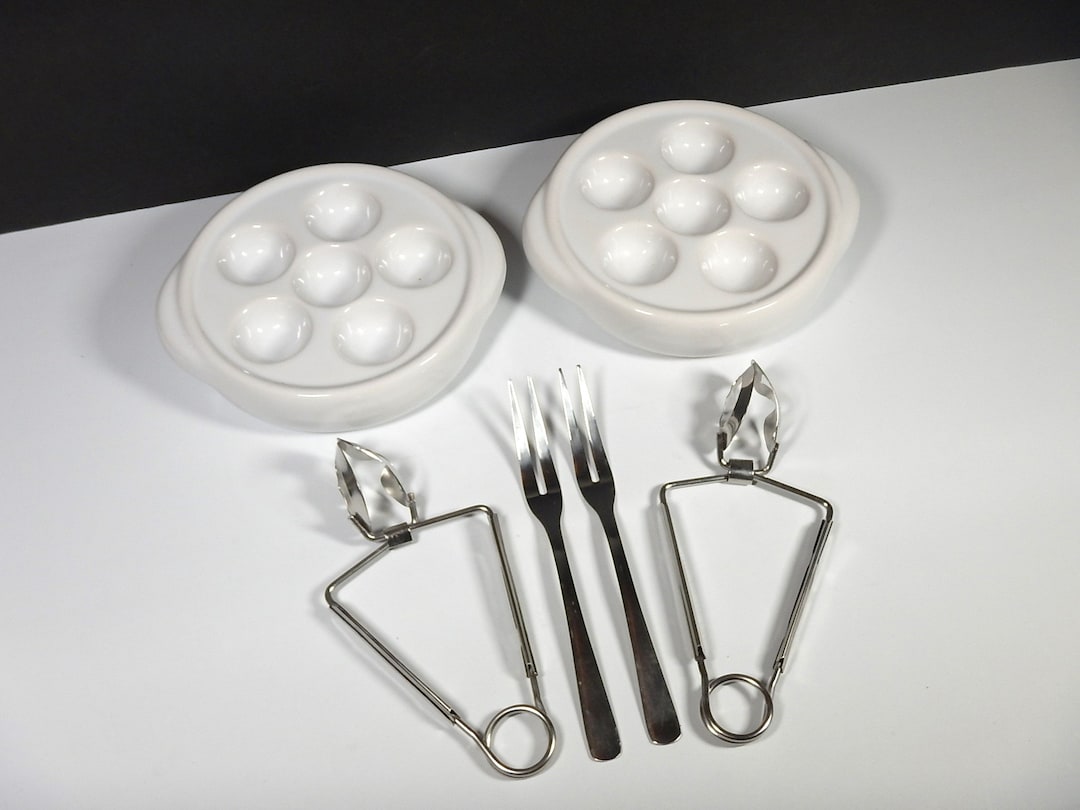 6-pc Escargot Snail Sets for Two White Pottery Dishes-tongs-forks - Etsy