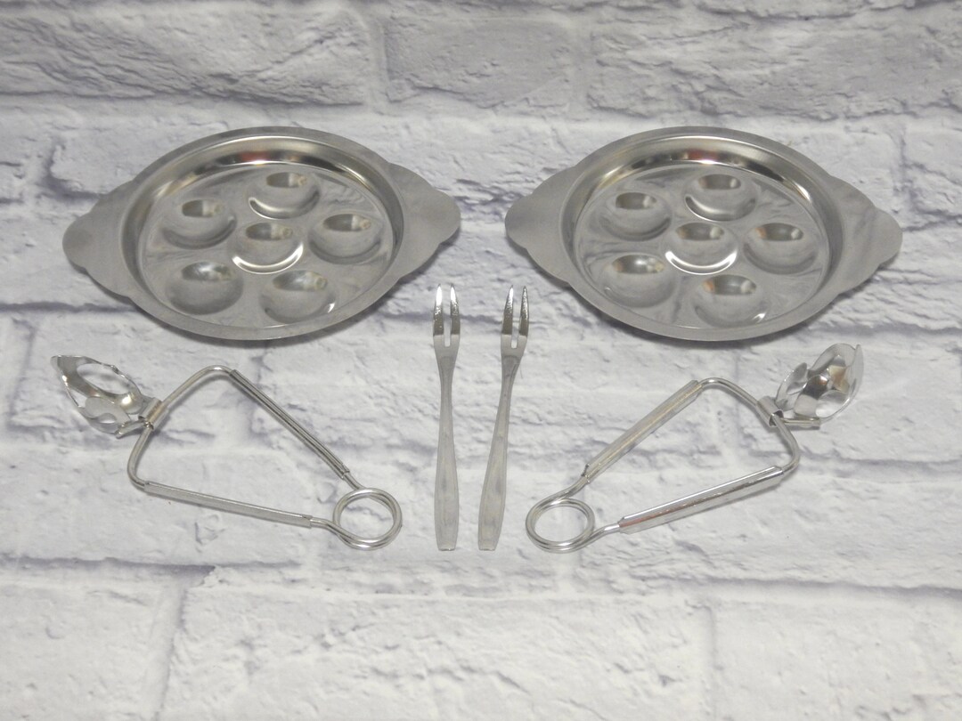 6pc Escargot Set for Two Stainless Steel Plates-tongs-forks Snail ...