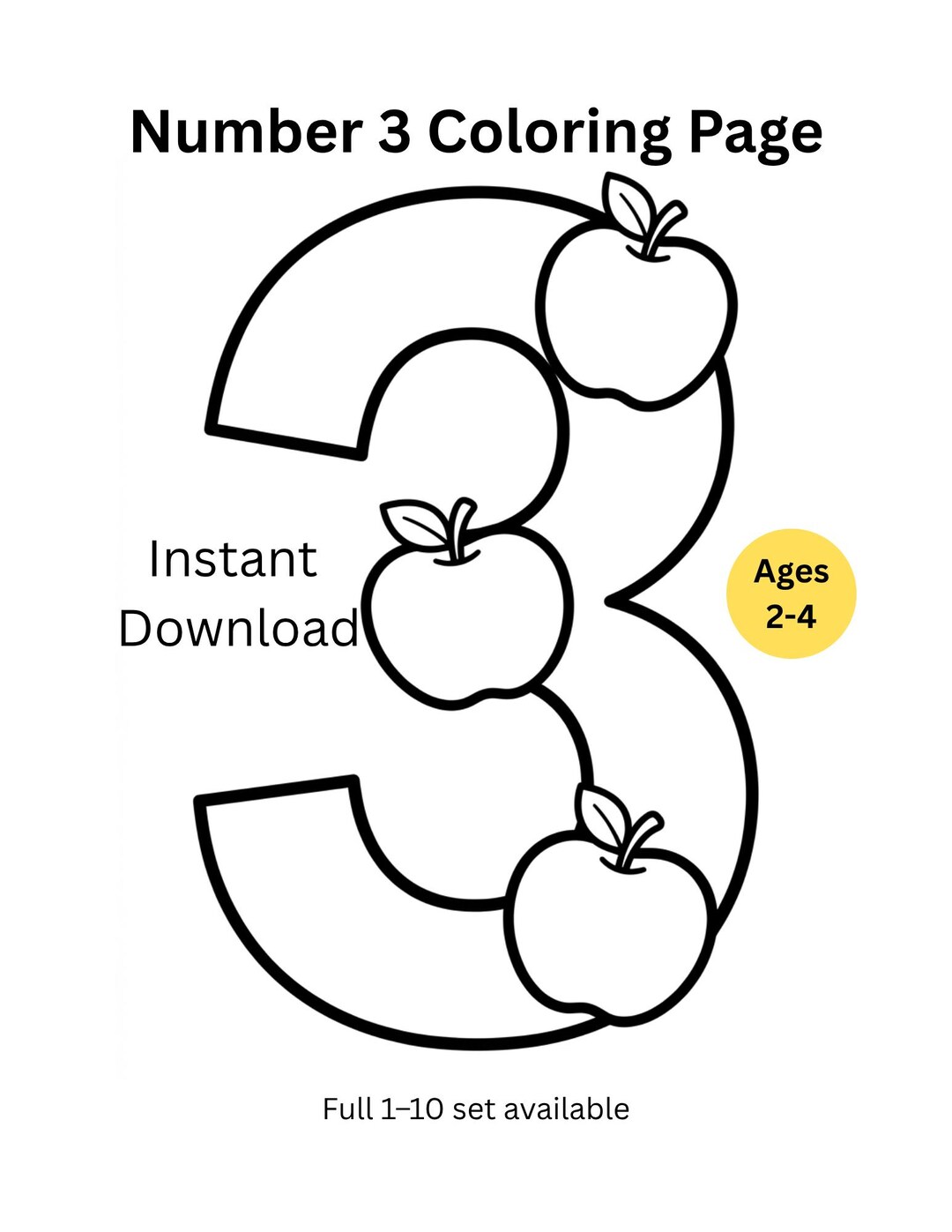 Number 3 Coloring Page – Printable Counting Activity - Etsy