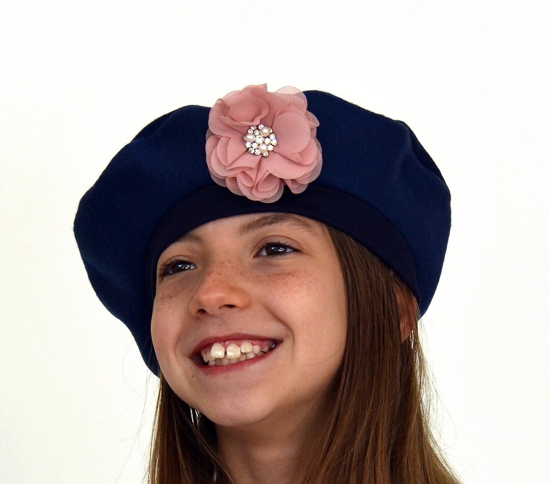 Kids French Beret, Fleece, CHOOSE COLOR, Dusty Rose Flower Pin, NB-9 ...