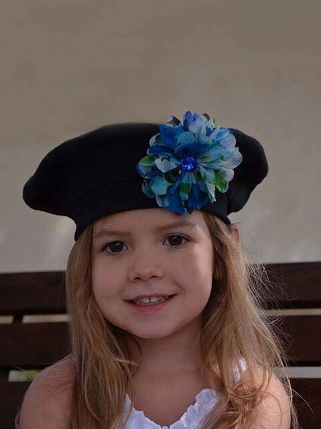 Kids French Beret Kids Black Hat Blue Flower Outer Wear Fleece Kids ...