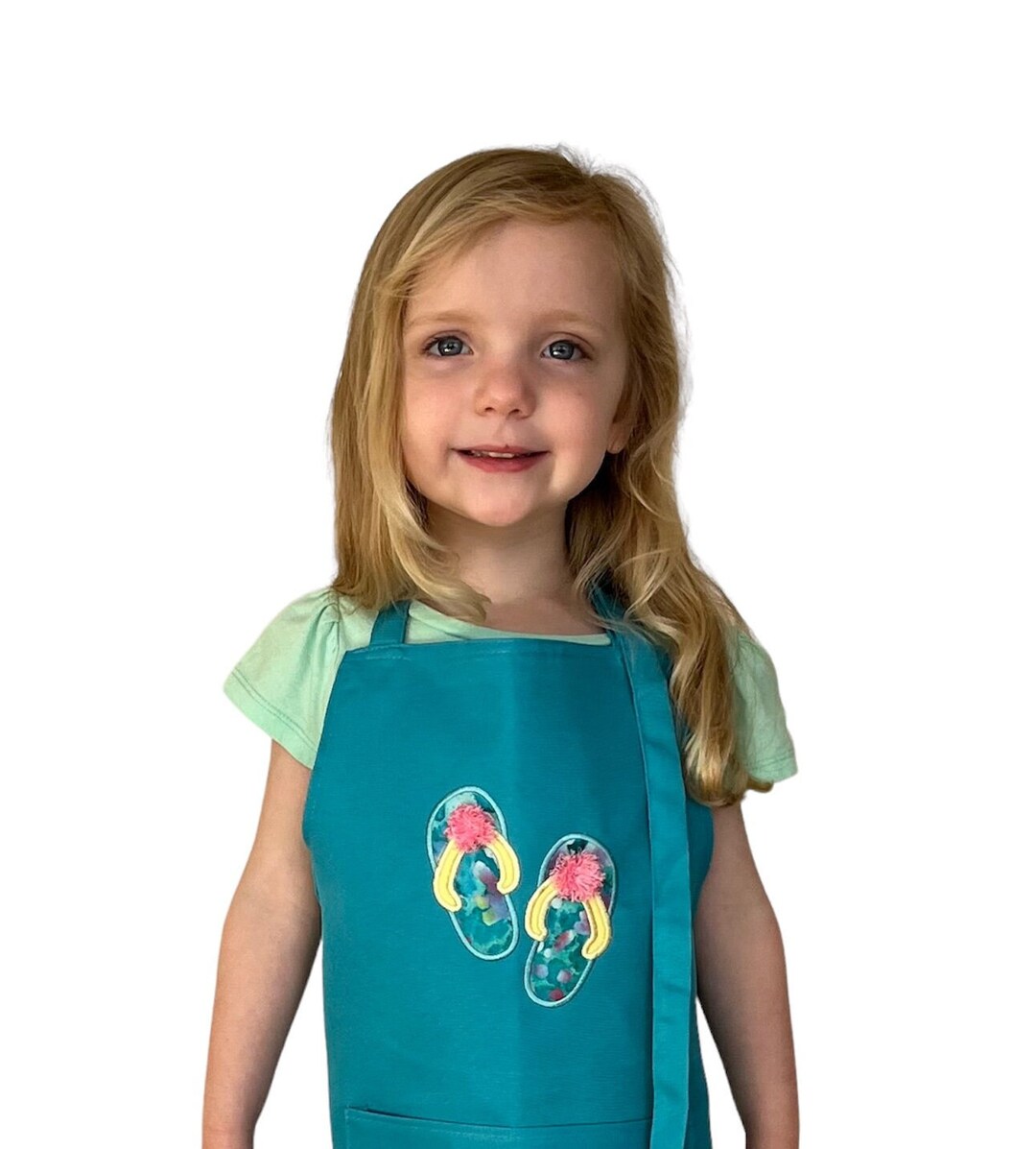 Little Girl Apron, Teal With Flip Flop Design, Kids Apron, Age 2-10 ...