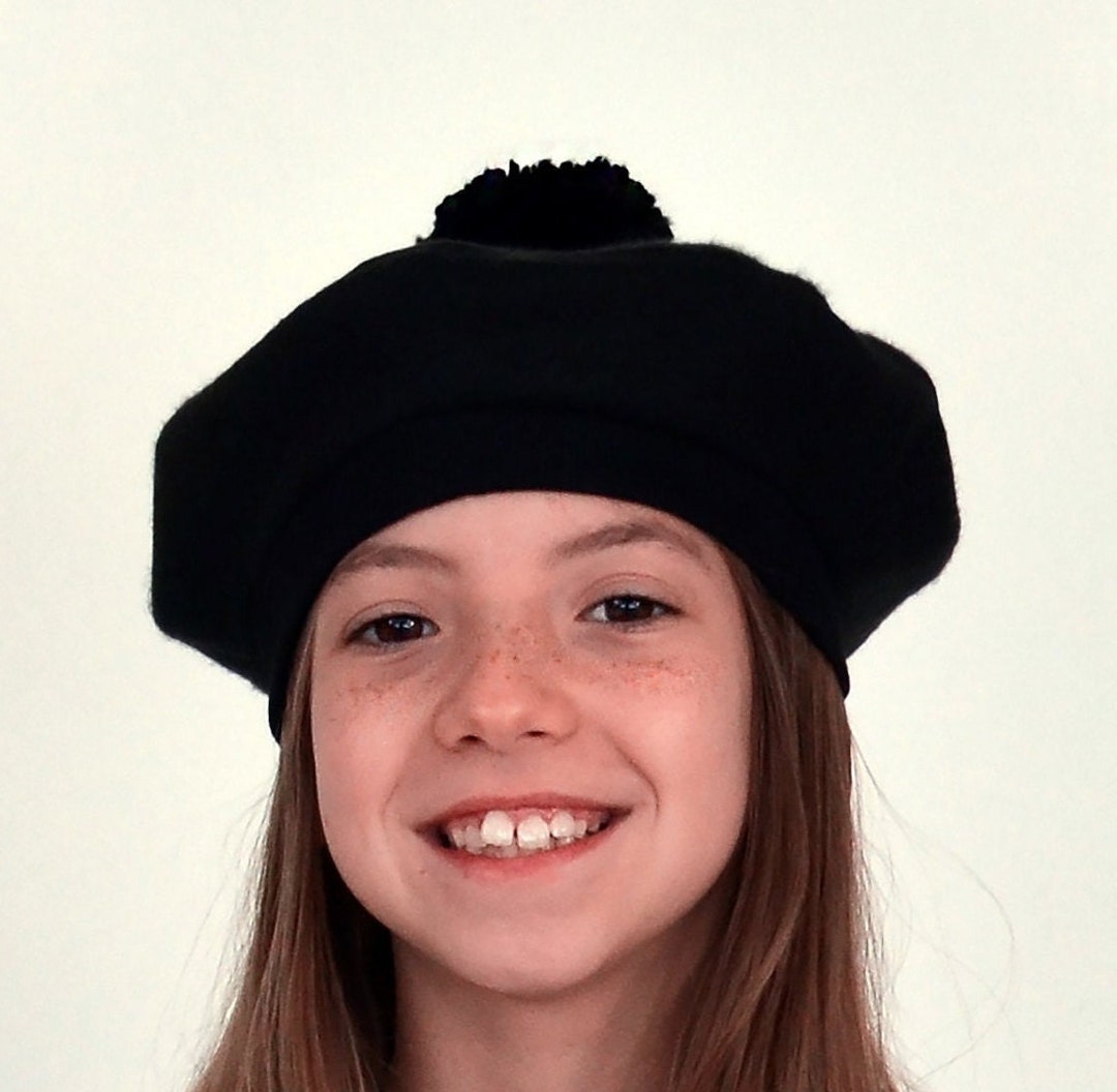 Kids French Beret With Pom Pom, Black Fleece, Beanie Hat, NB-9 Years ...