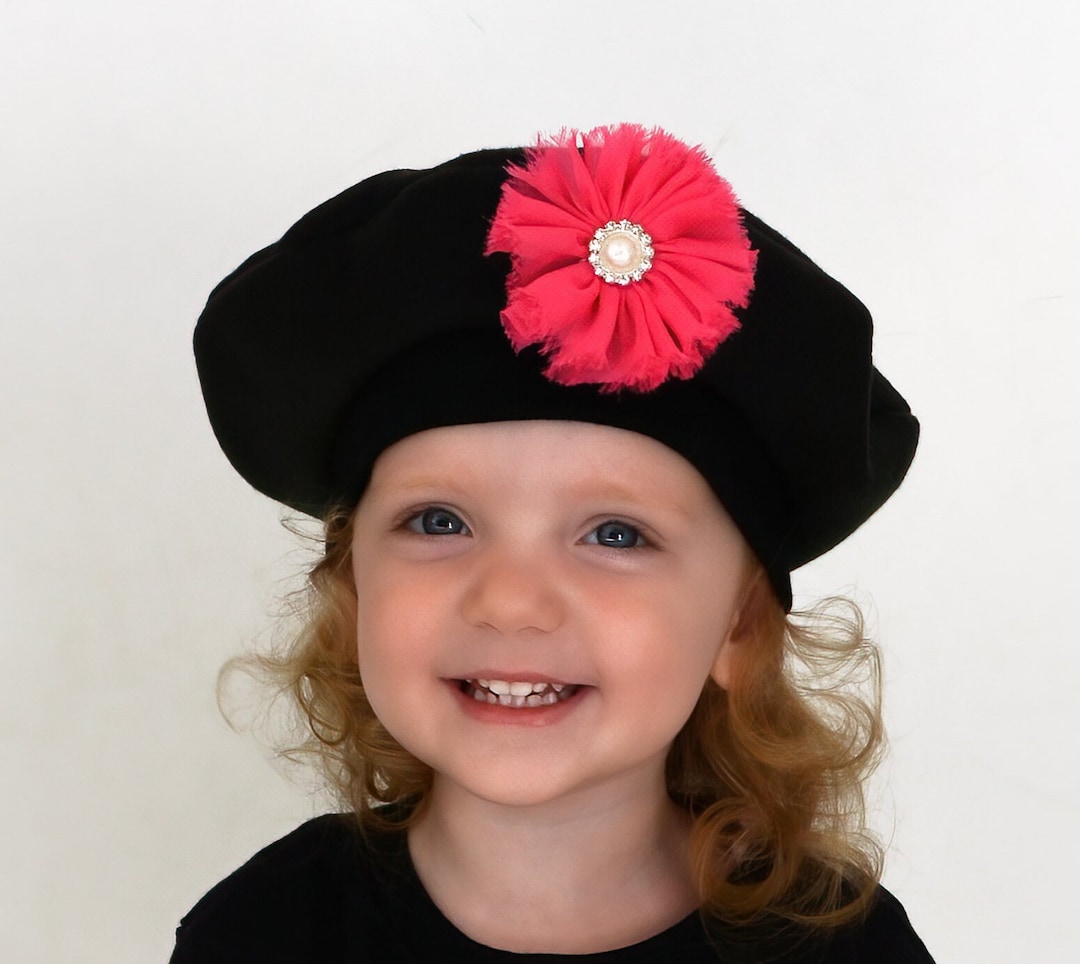 French Beret, Outer Wear, Pink Flower Pin, Girls Black Hat, CHOOSE ...