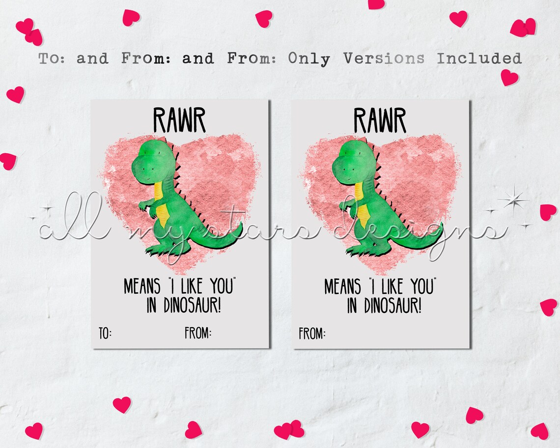 PRINTABLE Cute Dinosaur Valentine Cards Set of 6 Instant | Etsy