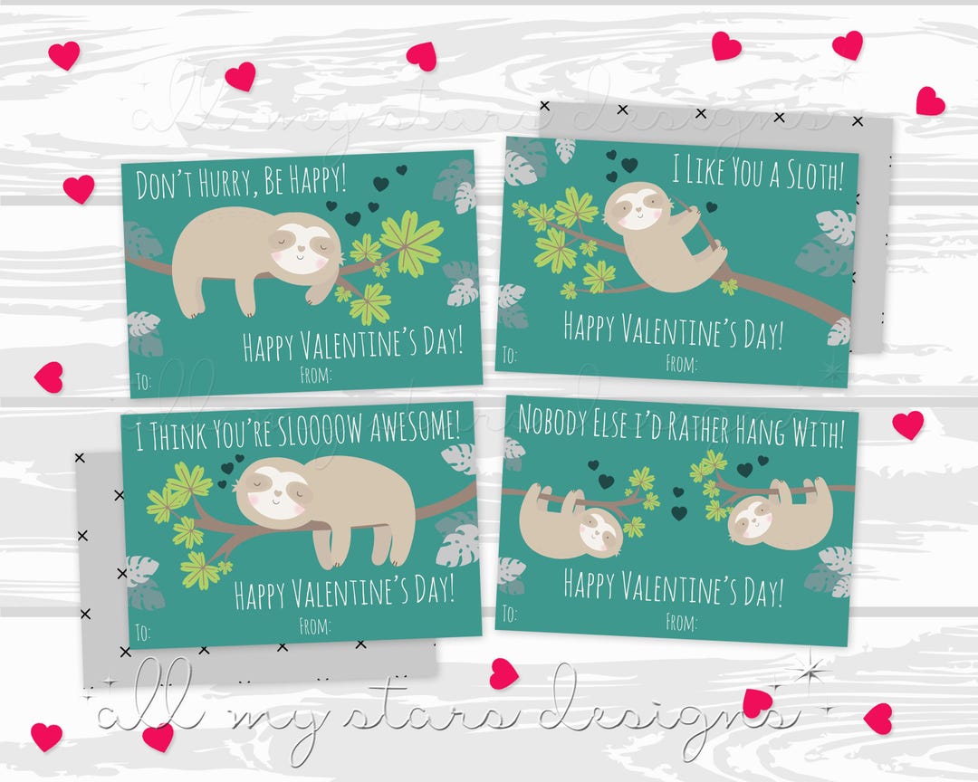 PRINTABLE Cute Sloth Valentine Cards - Set of 4 | Instant Download ...