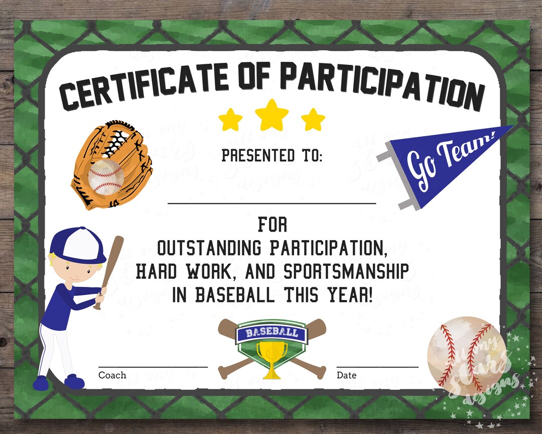 Printable Baseball Participation Certificate | Sports Award | INSTANT ...