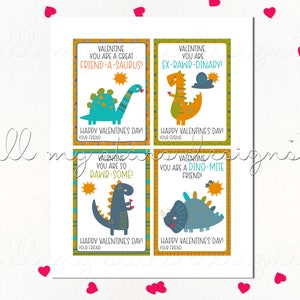 PRINTABLE Cute DINOSAUR Valentine Cards Set of 4 Instant Download Kid's ...