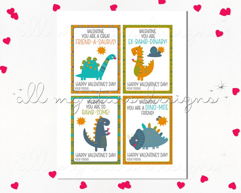 PRINTABLE Cute DINOSAUR Valentine Cards Set of 4 Instant | Etsy