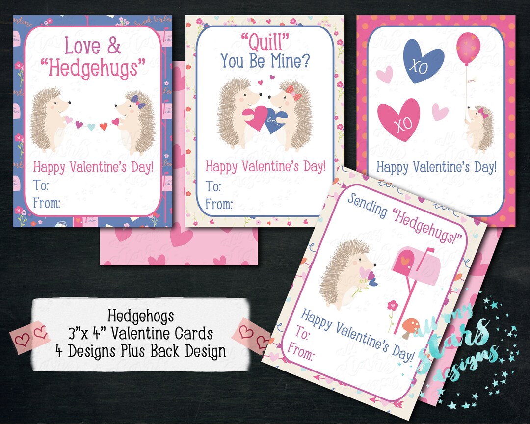 PRINTABLE Hedgehog Valentine Cards Set of 4 Cute Hedgehog Classroom ...