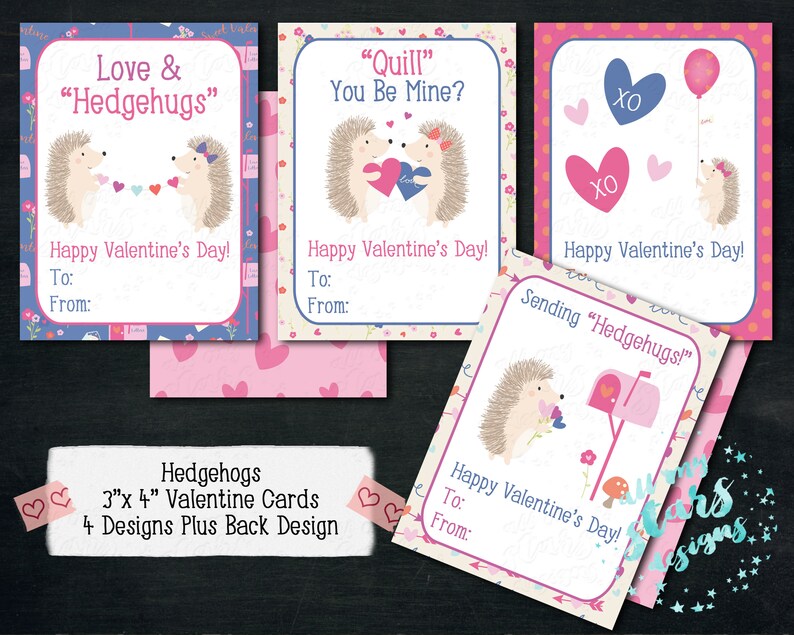 PRINTABLE Hedgehog Valentine Cards Set of 4 Cute Hedgehog - Etsy