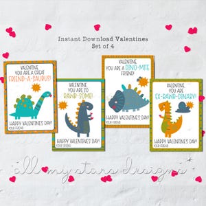 PRINTABLE Cute DINOSAUR Valentine Cards - Set of 4 | Instant Download ...