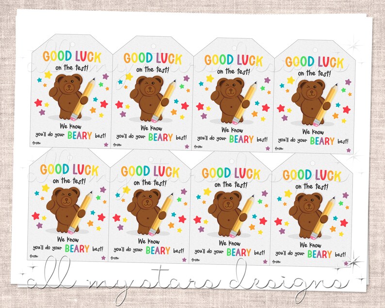 PRINTABLE Good Luck on the Test! We Know You'll Do Your BEARY Best! Tag ...