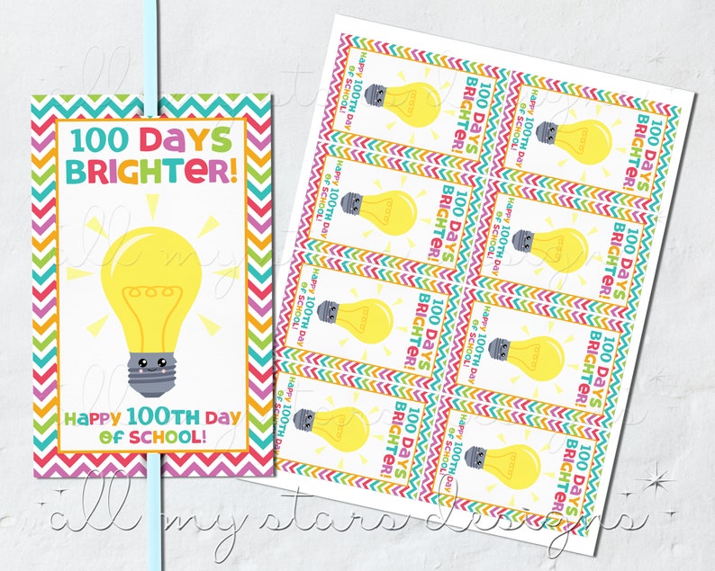 PRINTABLE 100 Days Brighter Happy 100th Day of School Tag - Etsy