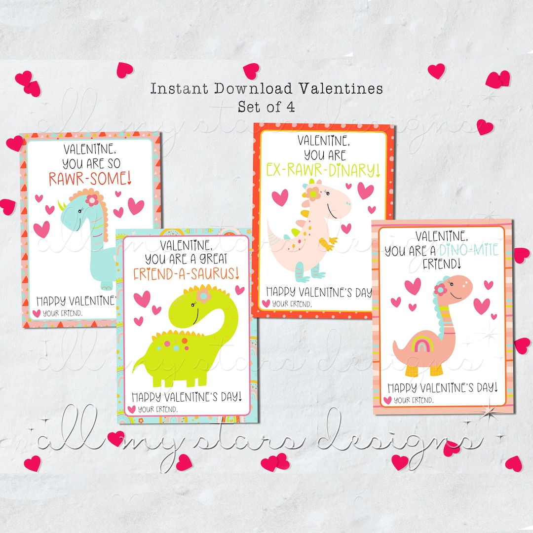 PRINTABLE Sweet Girl DINOSAUR Valentine Cards - Set of 4 | Instant ...