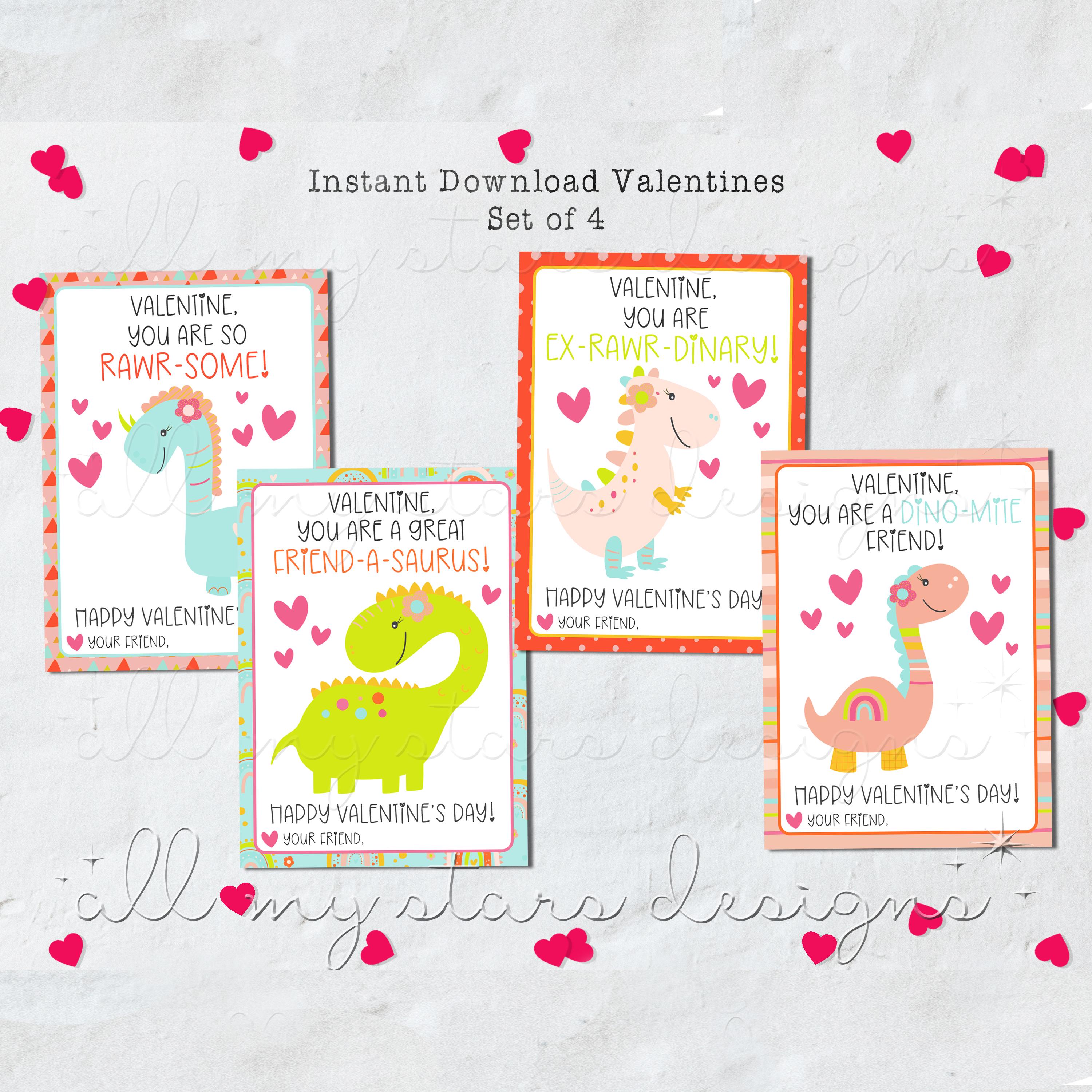PRINTABLE Sweet Girl DINOSAUR Valentine Cards - Set of 4 | Instant ...