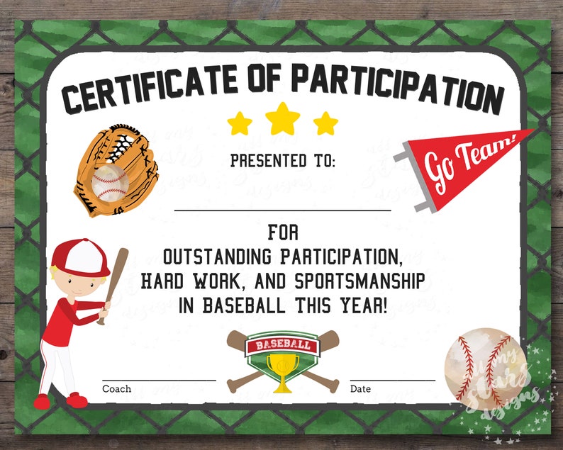 Printable Baseball Participation Certificate Sports Award - Etsy