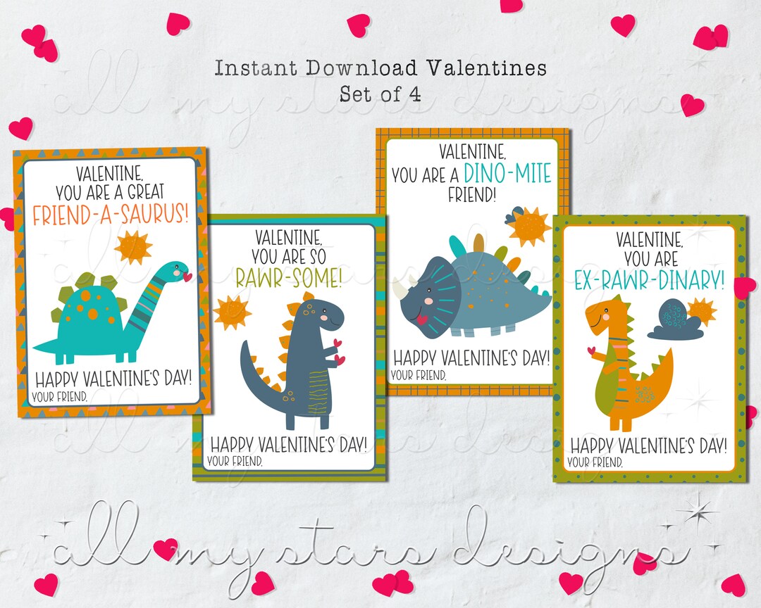 PRINTABLE Cute DINOSAUR Valentine Cards Set of 4 Instant Download Kid's ...