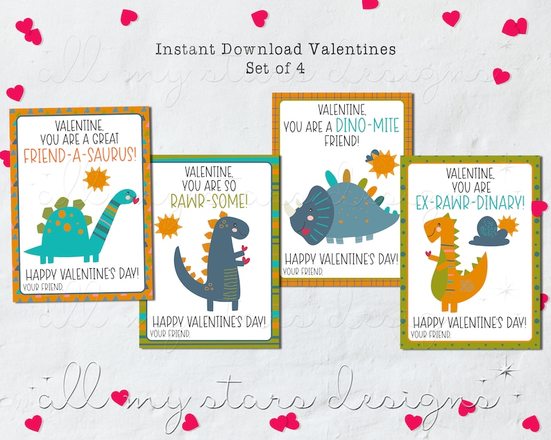 PRINTABLE Cute DINOSAUR Valentine Cards Set of 4 Instant | Etsy