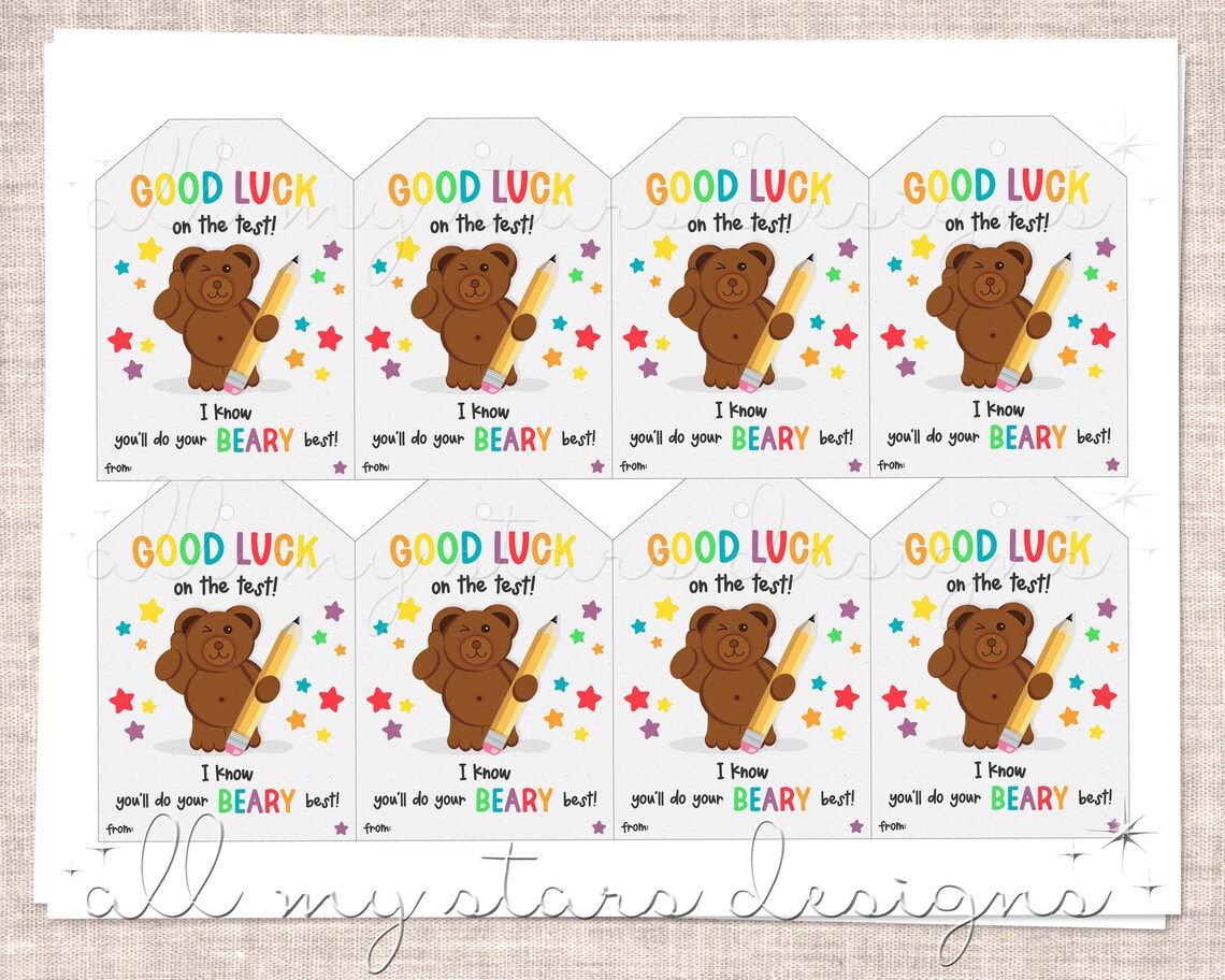 PRINTABLE Good Luck on the Test! I Know You'll Do Your BEARY Best! Tag ...
