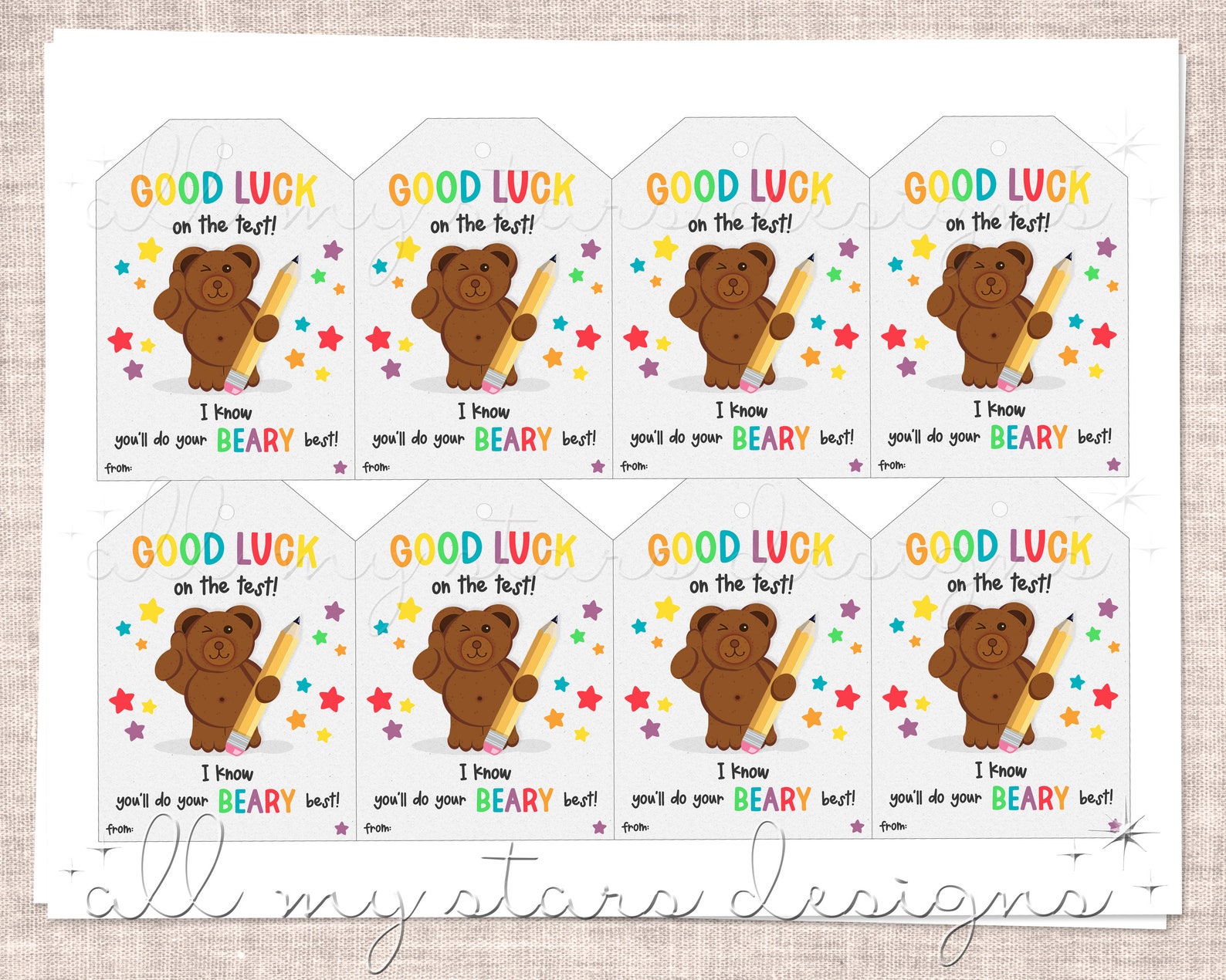 PRINTABLE Good Luck on the Test! I Know You'll Do Your BEARY Best! Tag ...