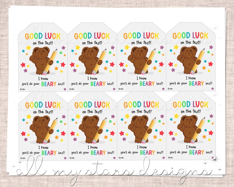 PRINTABLE Good Luck on the Test! I Know You'll Do Your BEARY Best! Tag ...