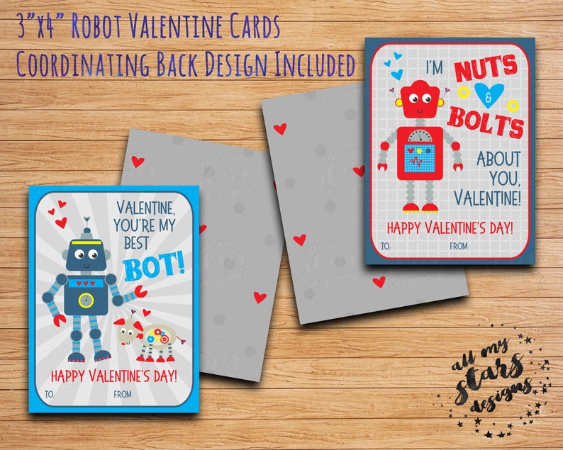 PRINTABLE Robot Valentines Set of 6 Valentine Cards | Etsy