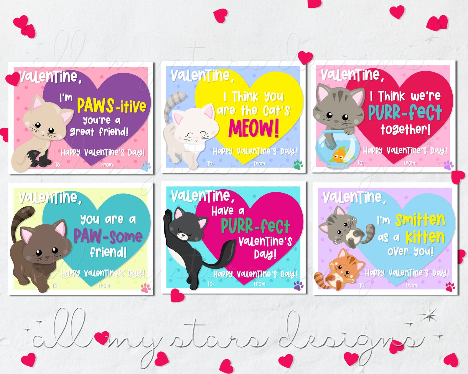PRINTABLE Cute Cats & Kittens Valentine Cards - Set of 6 Kid's ...