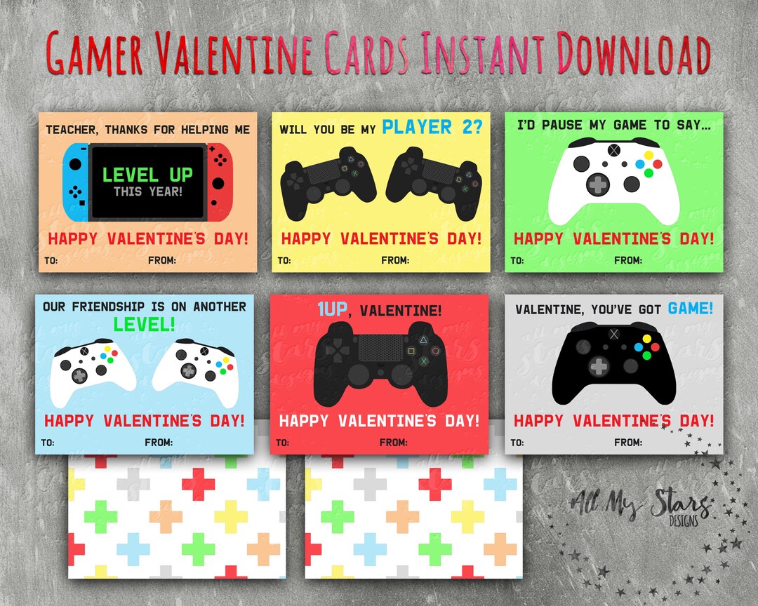 PRINTABLE GAMER Valentines Set of 6 Kid's Classroom Valentine Cards ...