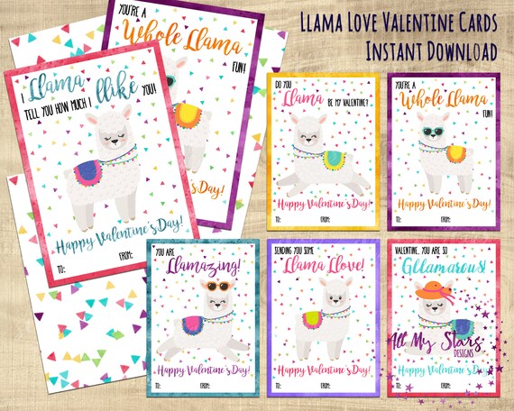 PRINTABLE Llama Love Valentine Cards Set of 6 Boho Llama - Etsy