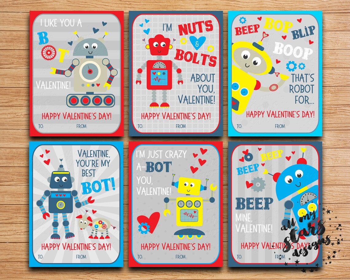 PRINTABLE Robot Valentines Set of 6 Valentine Cards - Etsy