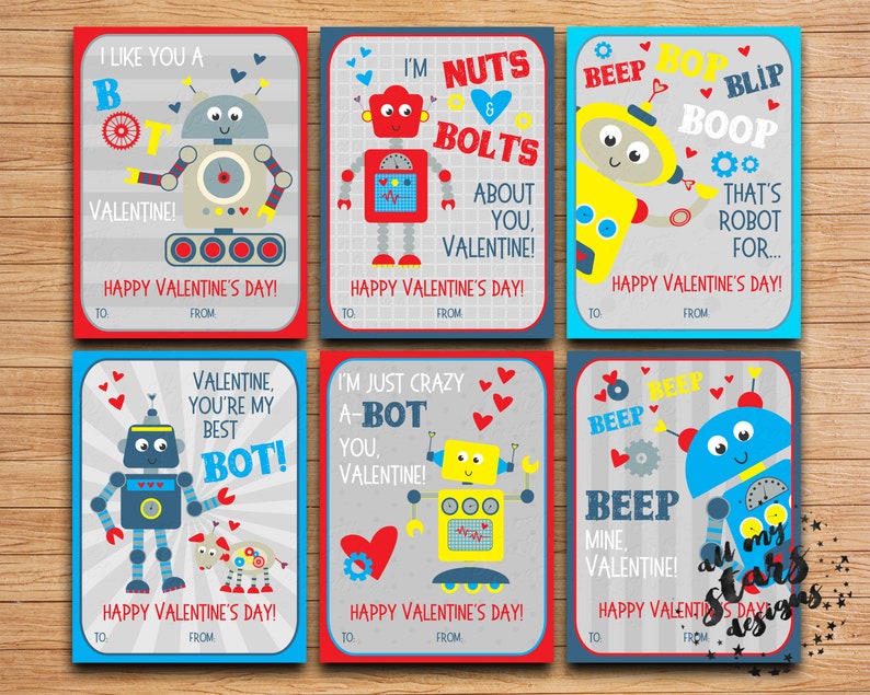 PRINTABLE Robot Valentines Set of 6 Valentine Cards | Etsy